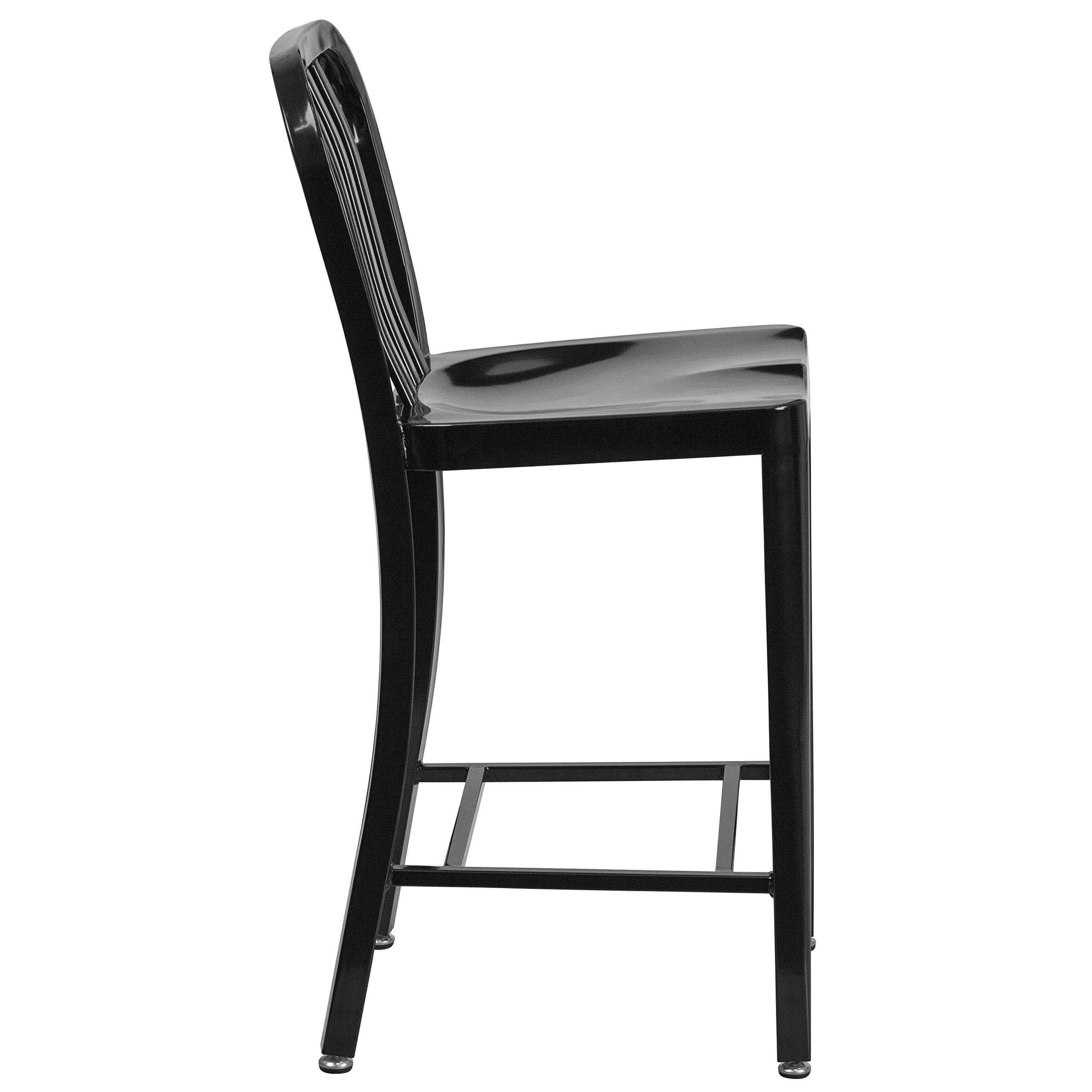 BizChair Commercial Grade 24" H Black Metal Indoor-Outdoor Counter Stool w/Slat Back