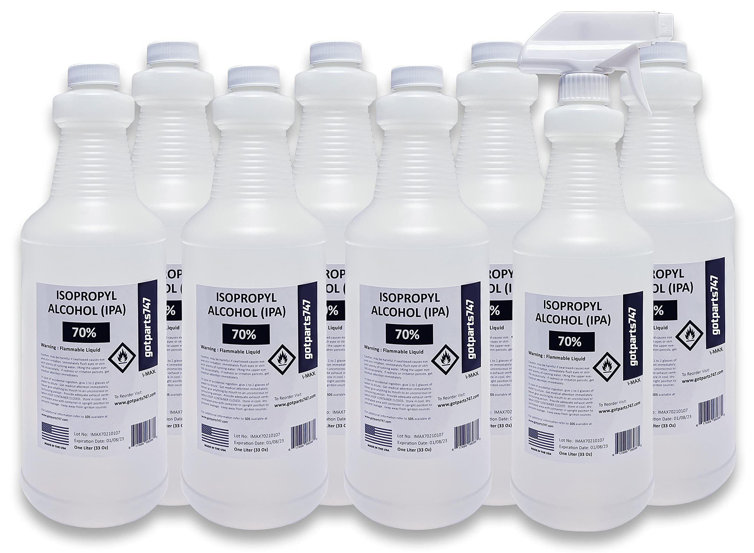 Isopropyl Alcohol 70% - 8 x 1000 ml (More Than 2 Gallons) USP Grade IPA 70 Percent - Includes a Trigger Sprayer - Made in The USA