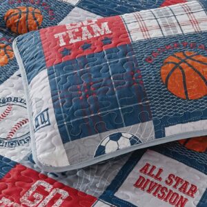 Linen Plus Bedspread Set Kids/Teens All Star Sport Basketball Soccer Baseball Football Plaid Patchwork Pattern Blue Red Grey Orange White # Go Team (Twin)