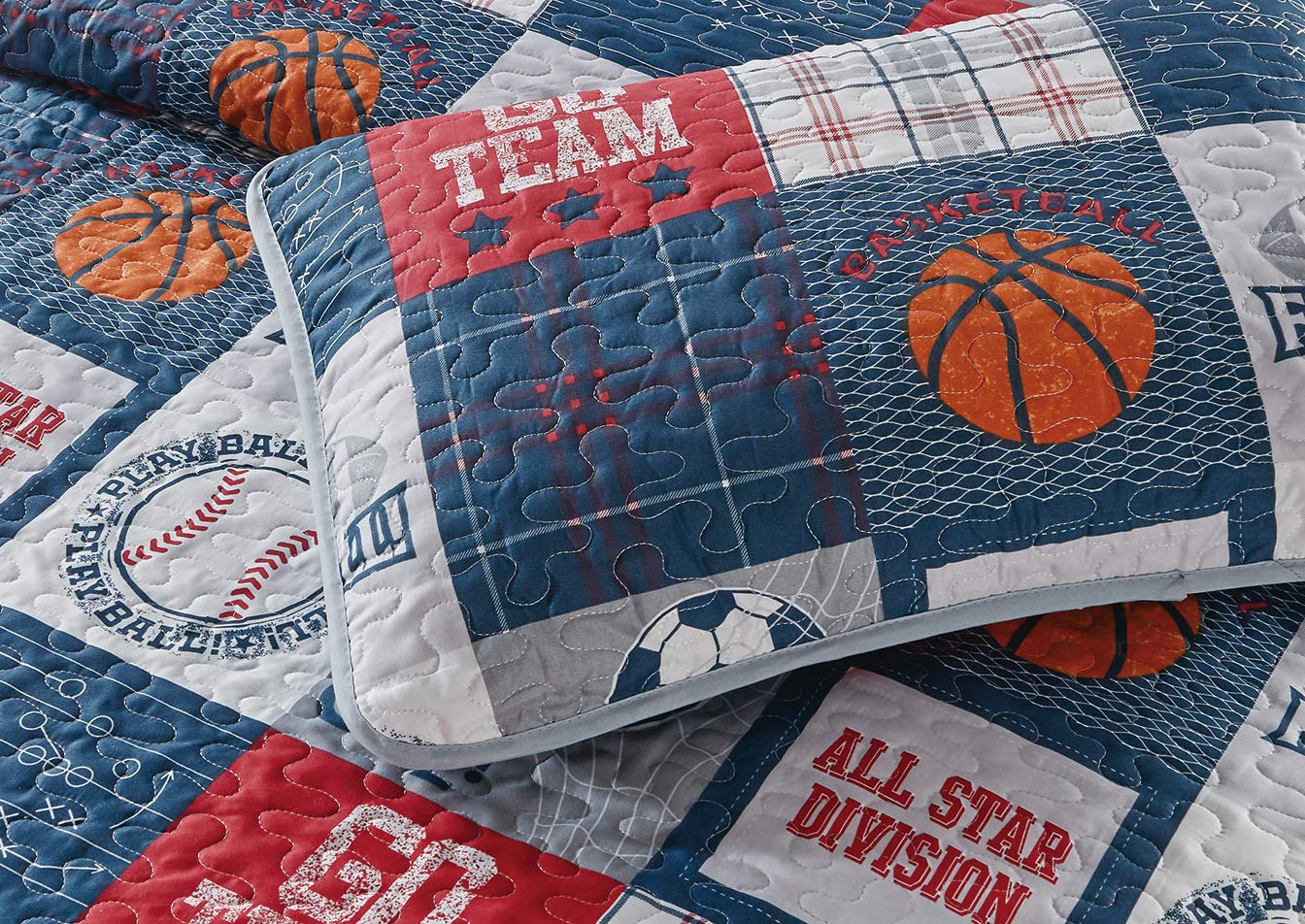 Linen Plus Bedspread Set Kids/Teens All Star Sport Basketball Soccer Baseball Football Plaid Patchwork Pattern Blue Red Grey Orange White # Go Team (Twin)