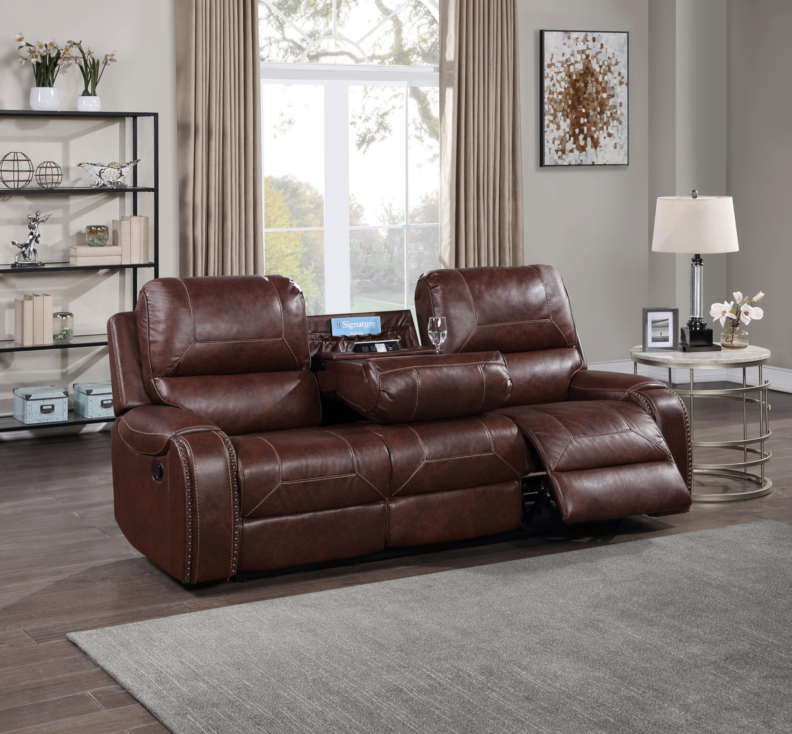 Steve Silver Keily Faux-Leather Manual Motion Recliner Sofas, 2 USB Charging Stations and 2 Electrical Outlets, 2 Cupholders, 86" L x 39" W x 41" H, Brown