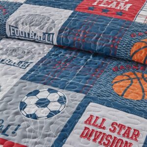 Linen Plus Bedspread Set Kids/Teens All Star Sport Basketball Soccer Baseball Football Plaid Patchwork Pattern Blue Red Grey Orange White # Go Team (Twin)