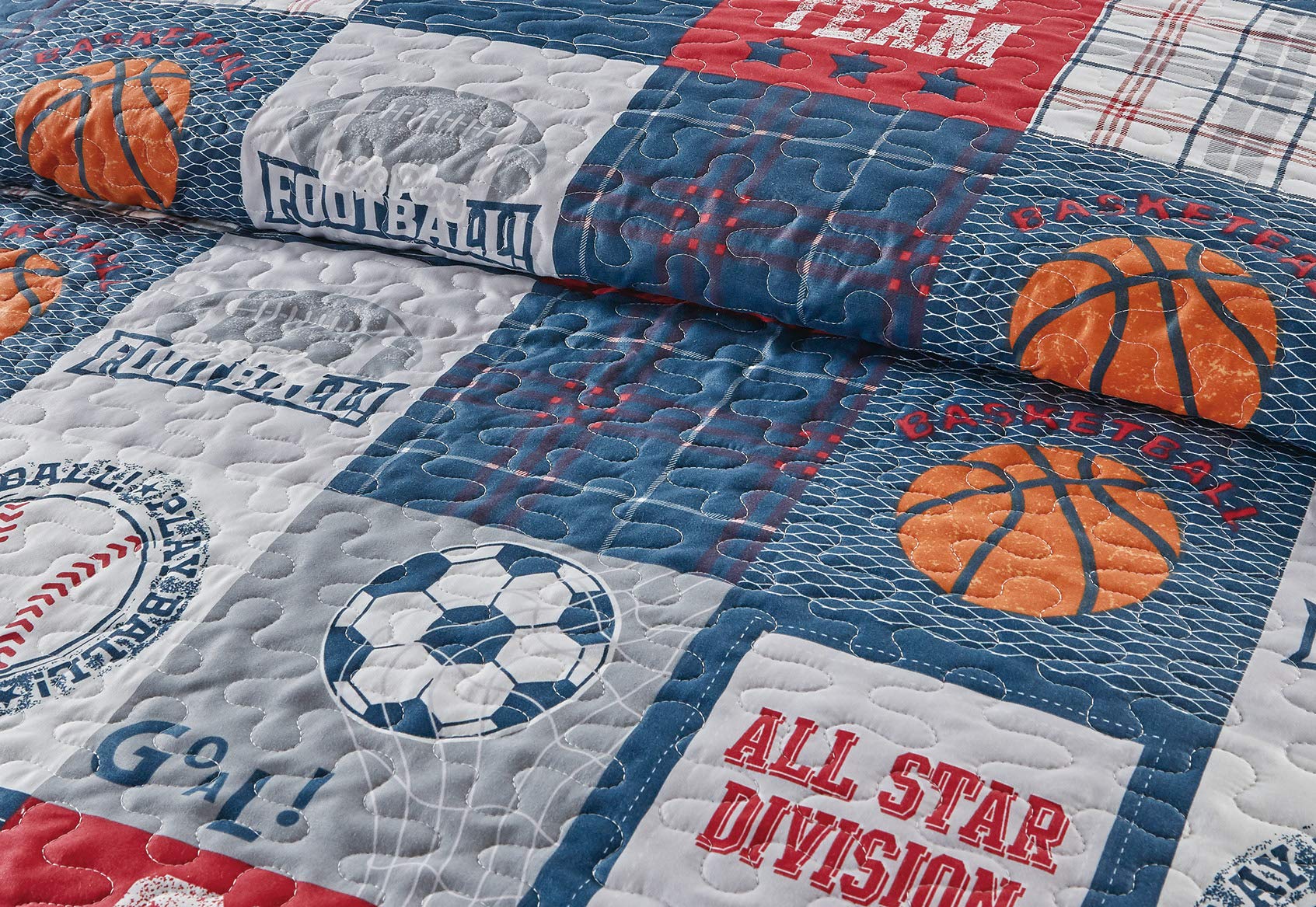 Linen Plus Bedspread Set Kids/Teens All Star Sport Basketball Soccer Baseball Football Plaid Patchwork Pattern Blue Red Grey Orange White # Go Team (Twin)