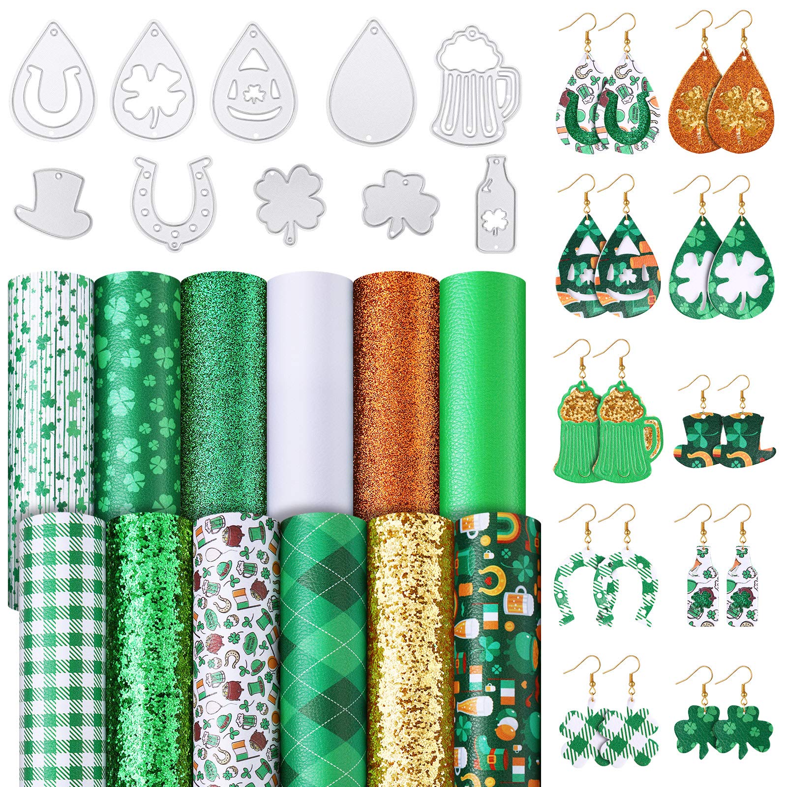 Weewooday 22 Pieces St. Patrick's Day Faux Leather Sheets and Earring Cutting Dies Shamrock Teardrop Hat Earring Die Cutting Glitter Leather Fabric for St. Patrick's Day DIY Earrings Hair Bow Craft