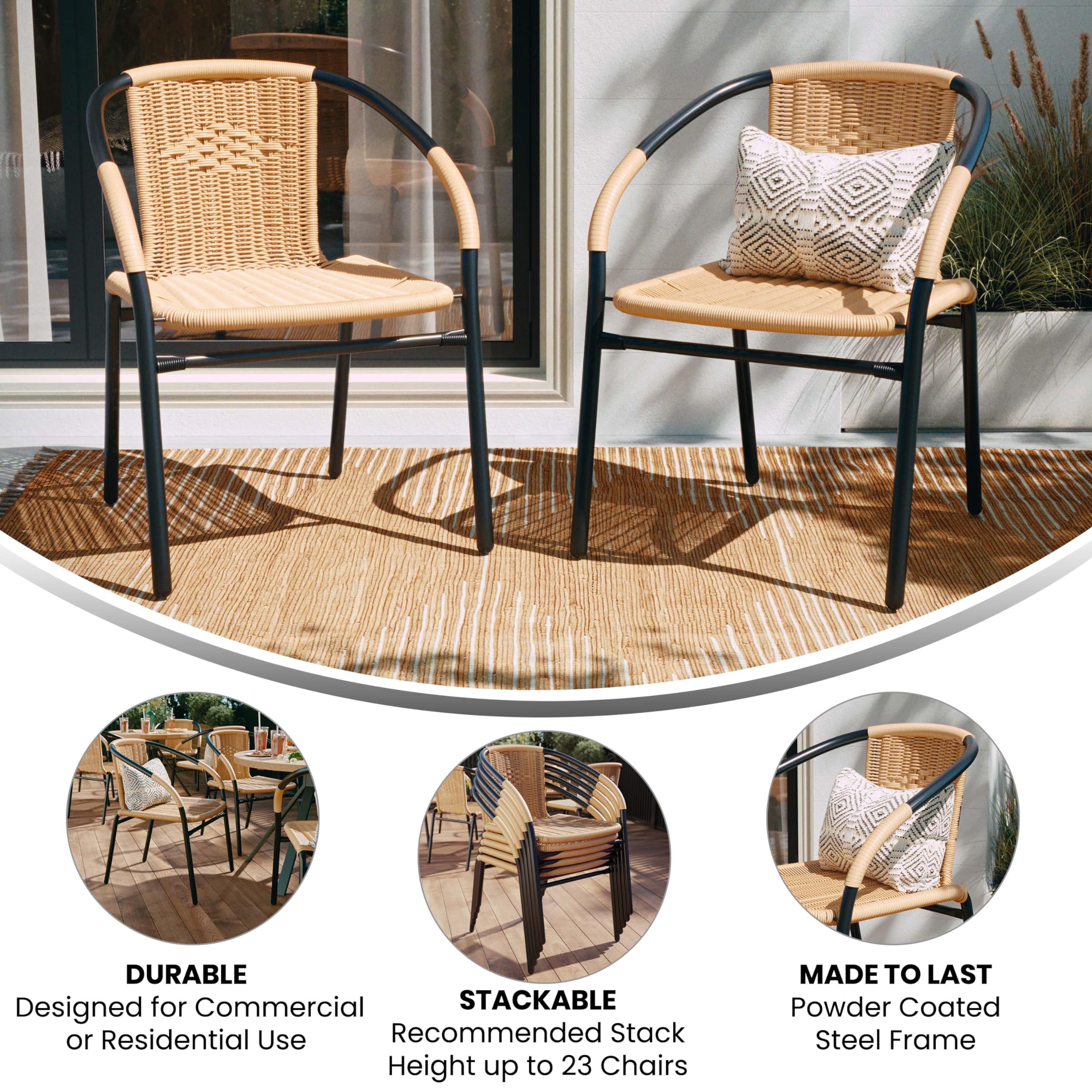 BizChair 2 Pack Beige Rattan Indoor-Outdoor Restaurant Stack Chair