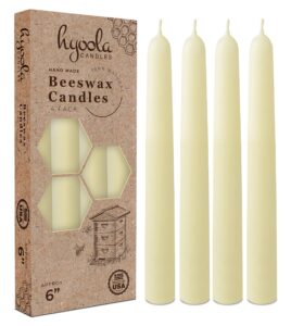 hyoola 6" beeswax taper candles - 6 hour burn time - white beeswax candles - 4 pack