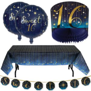 havercamp sweet 16 birthday party decoration collection; stars, moons and gold “bling” over an ombre’ night background.