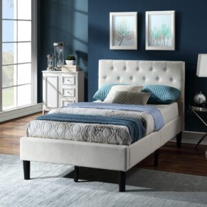 catrimown twin size bed frame, linen upholstered platform bed with complete headboard, strong wooden slats, no box spring needed, easy assembly, beige