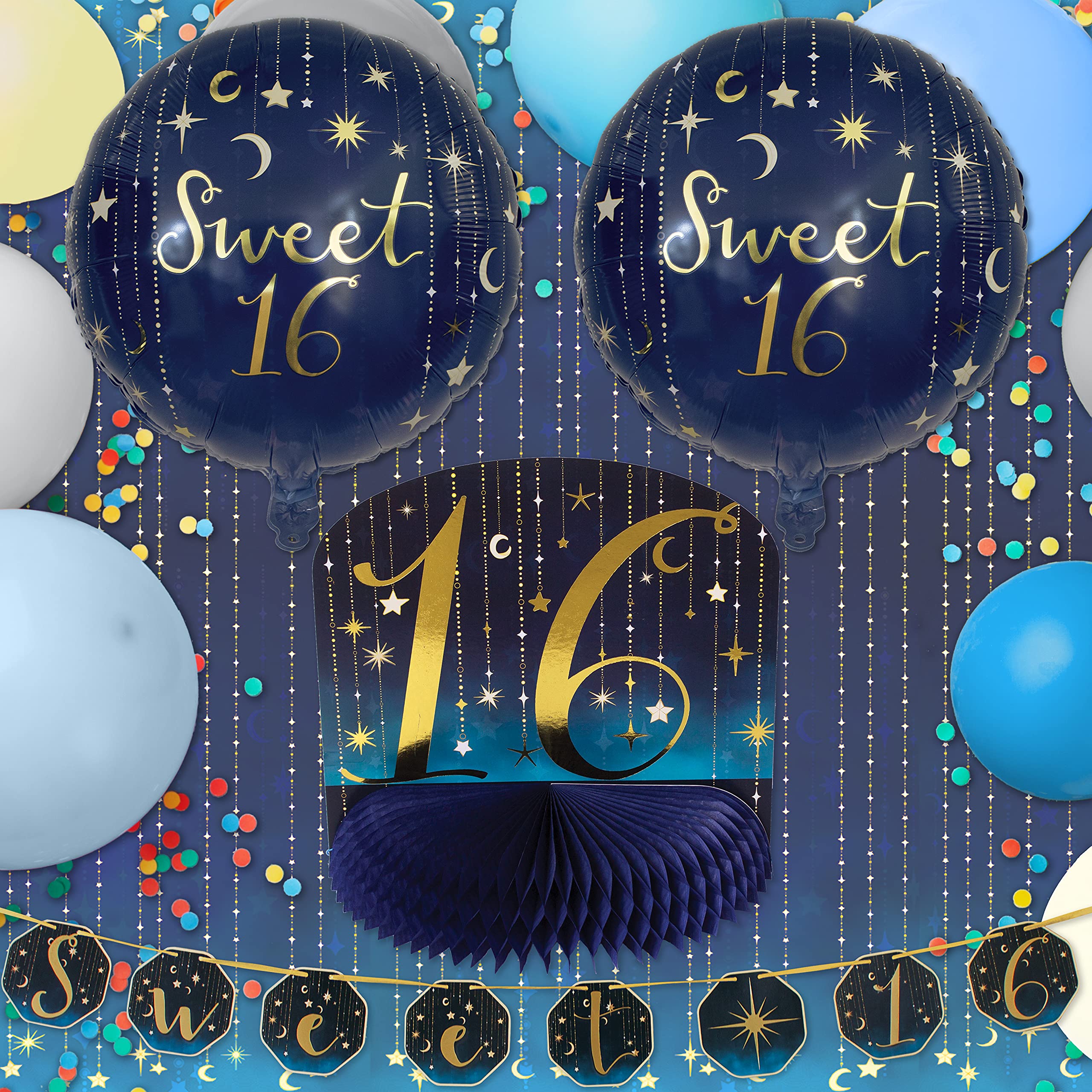 Havercamp Sweet 16 Birthday Party Decoration Collection; Stars, Moons and Gold “Bling” over an Ombre’ Night Background.