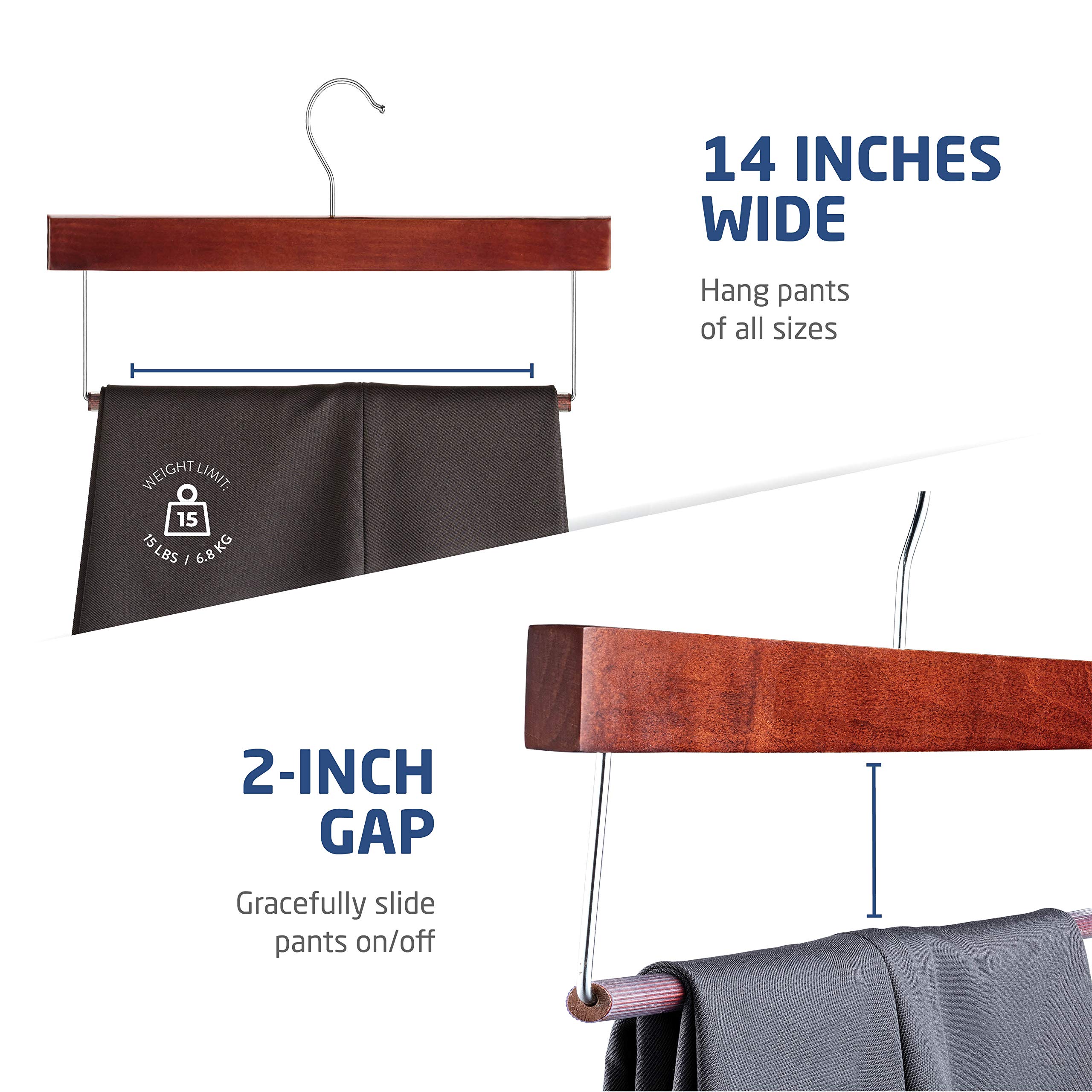 ZOBER High-Grade Wooden closet Hangers for Pant, Jeans, Slacks, Trouser with Non Slip Bar Smooth Finish, 360° Hook- (10 Pack)