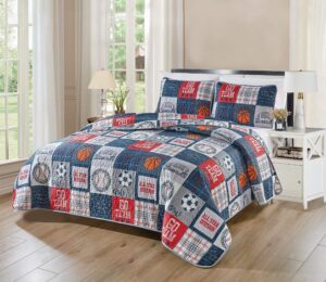 linen plus bedspread set kids/teens all star sport basketball soccer baseball football plaid patchwork pattern blue red grey orange white # go team (twin)