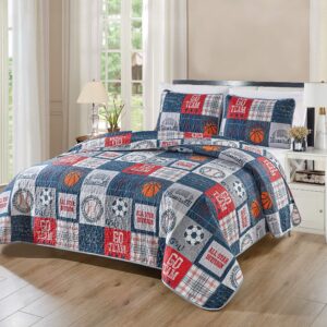 Linen Plus Bedspread Set Kids/Teens All Star Sport Basketball Soccer Baseball Football Plaid Patchwork Pattern Blue Red Grey Orange White # Go Team (Twin)