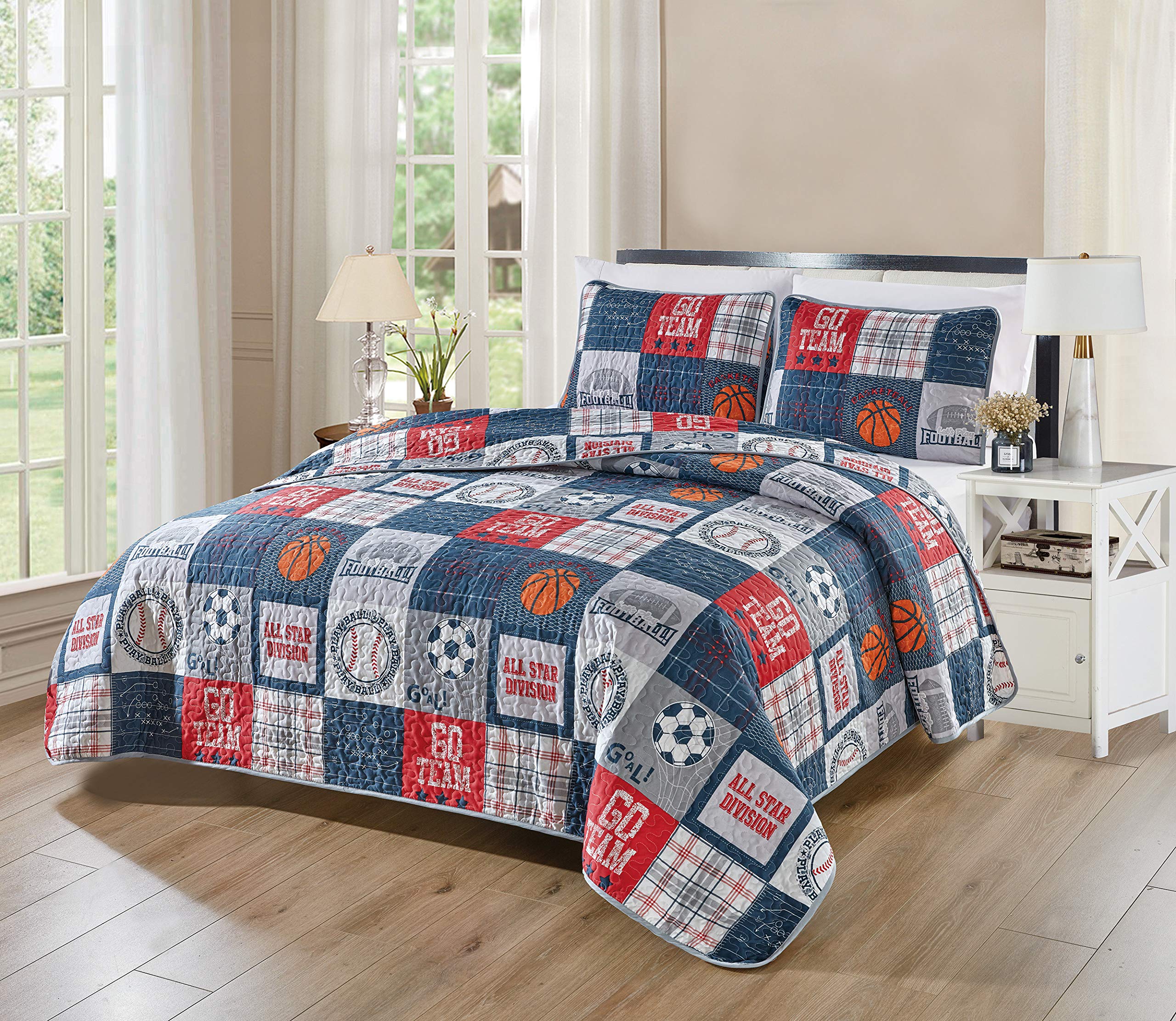 Linen Plus Bedspread Set Kids/Teens All Star Sport Basketball Soccer Baseball Football Plaid Patchwork Pattern Blue Red Grey Orange White # Go Team (Twin)