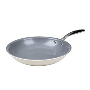 goodful ceramic nonstick 11 inch frying pan, dishwasher safe pots and pans, comfort grip stainless steel handle, skillet made without pfoa, cream