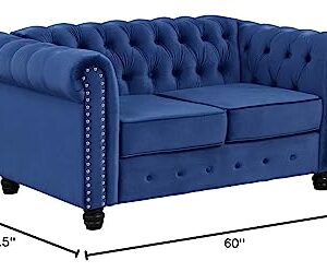 Morden Fort Classic Chesterfield Loveseat Set 60'', Tufted Loveseat Sofa Set with Solid Wood Legs Thick Cushion, Pet-Friendly 2-Seater Sofa Couch for Living Room Bedroom Apartment - Velvet Blue