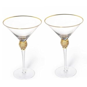 Sister.ly Drinkware, Rhinestone Studded Bling Martini Glasses Set of 2 with Gold Rim, 10 oz. Cocktail Glasses and Silver-Plated Cocktail Picks