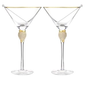 sister.ly drinkware, rhinestone studded bling martini glasses set of 2 with gold rim, 10 oz. cocktail glasses and silver-plated cocktail picks