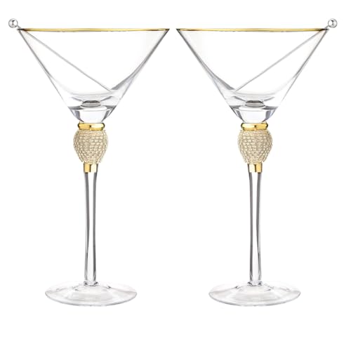 Sister.ly Drinkware, Rhinestone Studded Bling Martini Glasses Set of 2 with Gold Rim, 10 oz. Cocktail Glasses and Silver-Plated Cocktail Picks