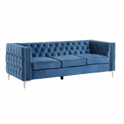 Morden Fort Sofas for Living Room, 85" Blue Chesterfield Sofa with Button Tufted & Nailhead Trim, Classic Velvet Upholstered Sofa for Office, Apartment, Home