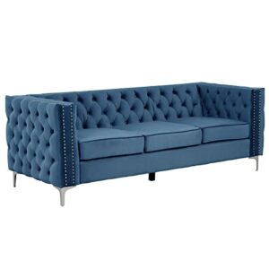 morden fort sofas for living room, 85" blue chesterfield sofa with button tufted & nailhead trim, classic velvet upholstered sofa for office, apartment, home