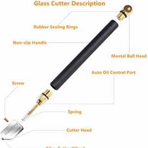 Glass Cutter Kit with Cutting Oil, 2mm-20mm Professional Cutting Head, Aotomatic Pencil Oil Feed Carbide Tip Glass Cutter Tool for Thick Glass Mosaic and Tile