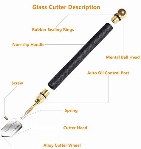 Glass Cutter Kit with Cutting Oil, 2mm-20mm Professional Cutting Head, Aotomatic Pencil Oil Feed Carbide Tip Glass Cutter Tool for Thick Glass Mosaic and Tile