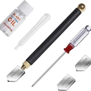 Glass Cutter Kit with Cutting Oil, 2mm-20mm Professional Cutting Head, Aotomatic Pencil Oil Feed Carbide Tip Glass Cutter Tool for Thick Glass Mosaic and Tile