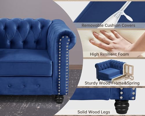 Morden Fort Classic Chesterfield Loveseat Set 60'', Tufted Loveseat Sofa Set with Solid Wood Legs Thick Cushion, Pet-Friendly 2-Seater Sofa Couch for Living Room Bedroom Apartment - Velvet Blue