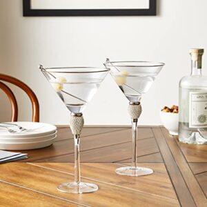 Sister.ly Drinkware, Rhinestone Studded Bling Martini Glasses Set of 2 with Gold Rim, 10 oz. Cocktail Glasses and Silver-Plated Cocktail Picks