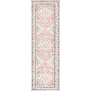 nuLOOM Tracie Machine Washable Floral Medallion Ultra Thin Runner Rug, 2' 6" x 8', Peach