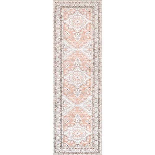 nuLOOM Tracie Machine Washable Floral Medallion Ultra Thin Runner Rug, 2' 6" x 8', Peach