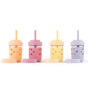 elk and friends kids & toddler cups | the original glass mason jars 8 oz with silicone sleeves & silicone straws with stoppers | smoothie cups | spill proof sippy cups for toddlers