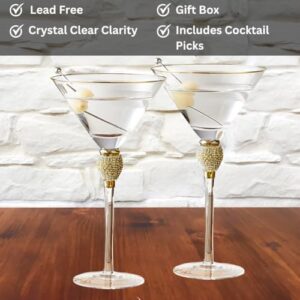 Sister.ly Drinkware, Rhinestone Studded Bling Martini Glasses Set of 2 with Gold Rim, 10 oz. Cocktail Glasses and Silver-Plated Cocktail Picks