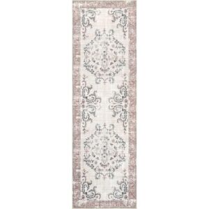 nuLOOM Layna Machine Washable Distressed Vintage Runner Rug, 2' 6" x 8', Light Grey, Rectangular, 0.15" Thick