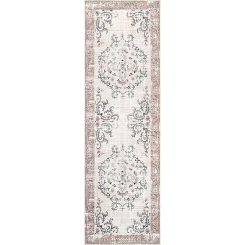 nuLOOM Layna Machine Washable Distressed Vintage Runner Rug, 2' 6" x 8', Light Grey, Rectangular, 0.15" Thick