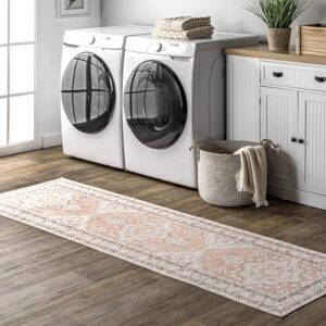 nuloom tracie machine washable floral medallion ultra thin runner rug, 2' 6" x 8', peach