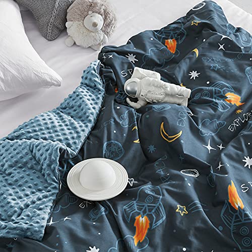 SLEEP ZONE Cooling Weighted Blanket for Throw Size (41"x60", 7 lb) with Removable Minky Cover and Premium Glass Beads, Space Rocket Pattern