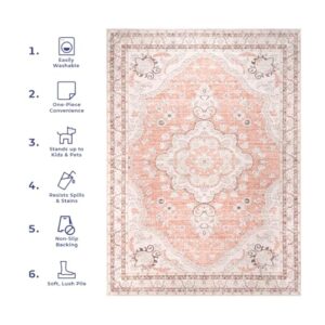 nuLOOM Tracie Machine Washable Floral Medallion Ultra Thin Runner Rug, 2' 6" x 8', Peach