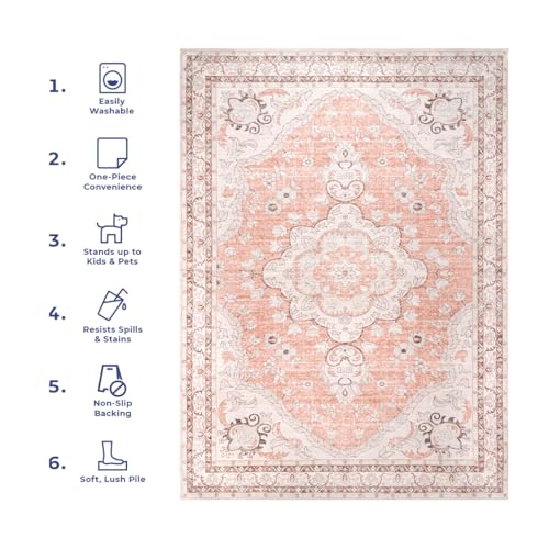 nuLOOM Tracie Machine Washable Floral Medallion Ultra Thin Runner Rug, 2' 6" x 8', Peach