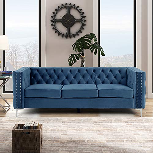 Morden Fort Sofas for Living Room, 85" Blue Chesterfield Sofa with Button Tufted & Nailhead Trim, Classic Velvet Upholstered Sofa for Office, Apartment, Home