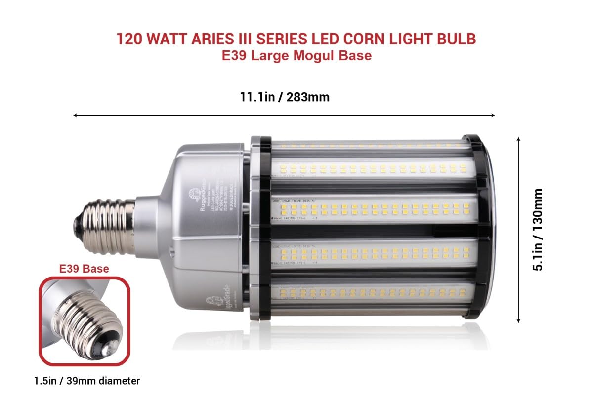 120 Watt LED Corn Bulb - Aries III Series - 16,400 Lumens - 5000K - E39 Large Mogul Base - Built-in 6KV Surge - Dimmable - DLC 5.1