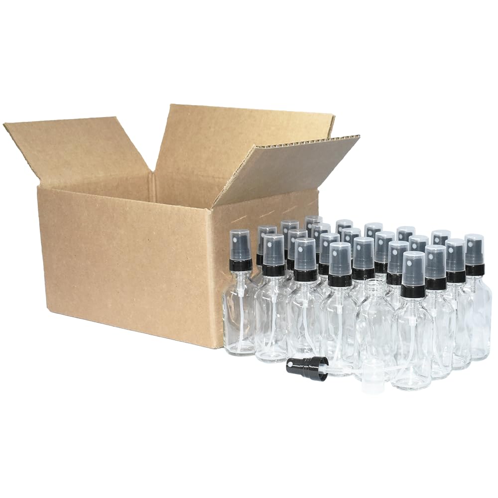 GlassBottleOutlet (24 Pack) 2 oz. Clear Boston Round with Black Fine-Mist Sprayer