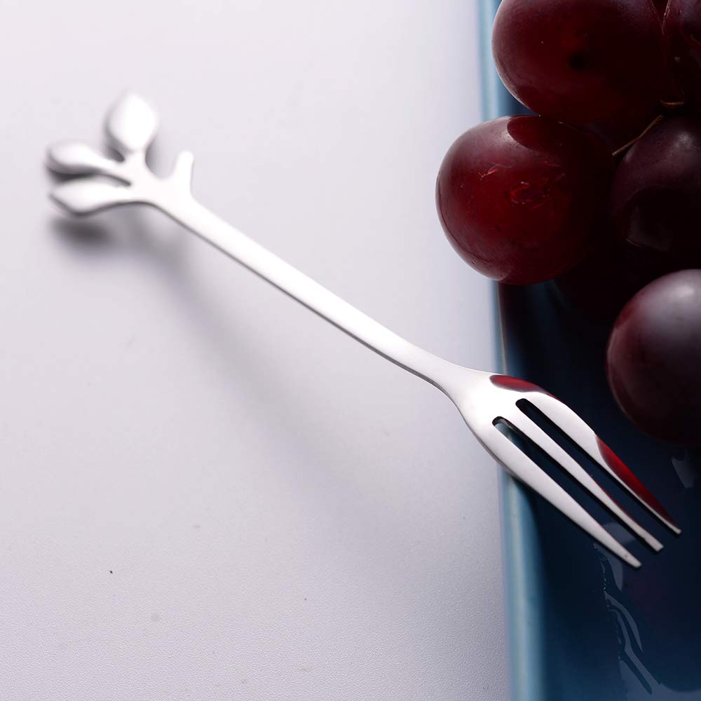 AnSaw 8-Pc Silver Mini Leaf Fruit Forks Set - 4.7" Elegant Stainless Steel Dessert, Appetizer, Cake & Salad Forks - Perfect for Cocktail Parties & Home Use