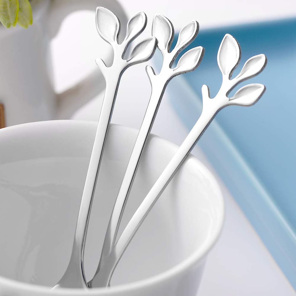 AnSaw 8-Pc Silver Mini Leaf Fruit Forks Set - 4.7" Elegant Stainless Steel Dessert, Appetizer, Cake & Salad Forks - Perfect for Cocktail Parties & Home Use