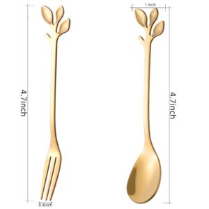 AnSaw 20-Pc Mini Gold Coffee Spoons & Dessert Forks Set, 4.7" Stainless Steel Leaf Handle, Ideal for Tea, Appetizers, Tastings - Perfect for Party, Charcuterie, Cocktails