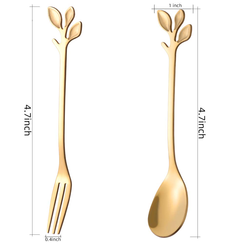 AnSaw 20-Pc Mini Gold Coffee Spoons & Dessert Forks Set, 4.7" Stainless Steel Leaf Handle, Ideal for Tea, Appetizers, Tastings - Perfect for Party, Charcuterie, Cocktails