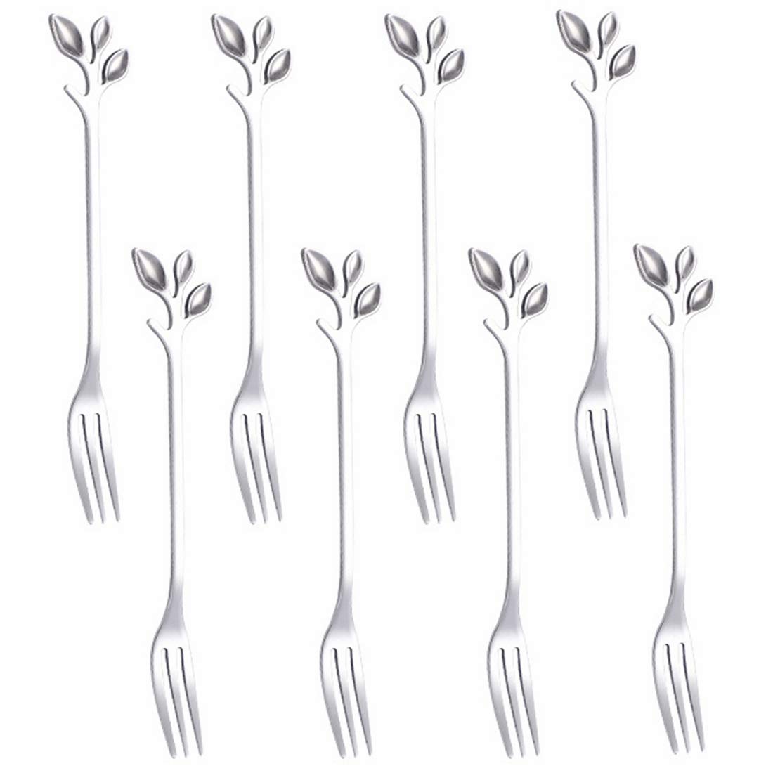 AnSaw 8-Pc Silver Mini Leaf Fruit Forks Set - 4.7" Elegant Stainless Steel Dessert, Appetizer, Cake & Salad Forks - Perfect for Cocktail Parties & Home Use