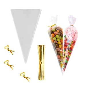 funnyard cone bag 100pcs mini clear cello treat bags popcorn bags 5.1 by 9.8 inch triangle cellophane bags with twist ties for candies handmade cookies wedding birthday pop gift candy buffet supplies