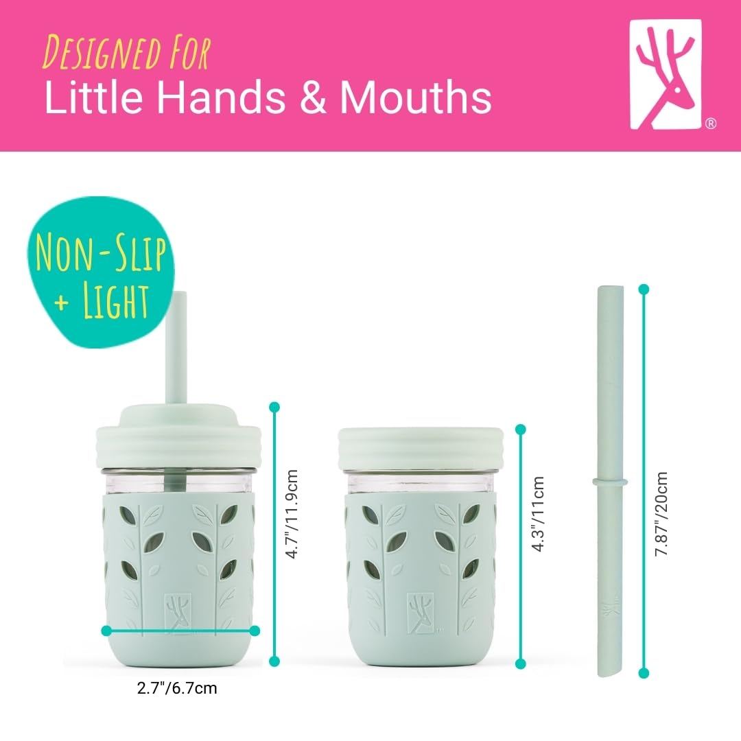 Elk and Friends Kids & Toddler Cups | The Original Glass Mason jars 8 oz with Silicone Sleeves & Silicone Straws with Stoppers | Smoothie Cups | Spill Proof Sippy Cups for Toddlers