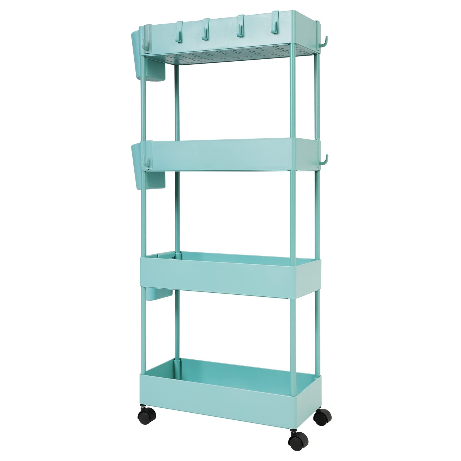 JAKAGO 4-Tier Utility Rolling Storage Cart Slim Mobile Shelves on Wheels Multi-Function Trolley with Mesh Basket Storage Organizer Rack for Kitchen Pantry Bathroom Laundry (Teal)